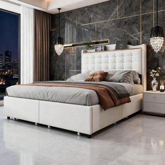 Generic Polsterdoppelbett 140x200 cm mit Nachttisch | 4 Schubladen, USB-Ladung, Ablage | Leinenstoff Grau, Doppelflachbett (Beige + Upholstered + 140cm*200cm)