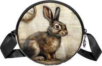 Generic Sac &agrave; bandouli&egrave;re rond pour femme, motif lapin vintage, sac &agrave; dos &agrave; bandouli&egrave;re avec fermeture &eacute;clair, bretelles r&eacute;glables, sac &agrave; main rond d&eacute;contract