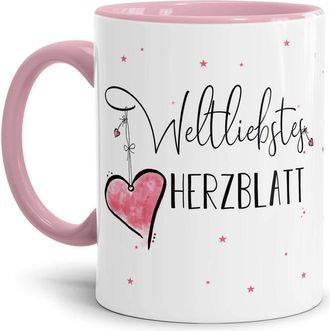 Tassendruck Tasse mit Spruch - Weltliebstes Herzblatt weiblich - Geschenk f&uuml;r Freundin, Partnerin und liebste Frau - Innen & Henkel Rosa, 300 ml