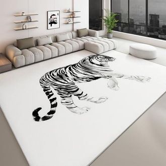 Generic Tapis Blanc Lavable pour Salon, Tapis &agrave; Poils Courts Antid&eacute;rapant Peinture &Agrave; LEncre Traditionnel Animal Tigre pour Enfants Bureau Salle &agrave; Manger Cuisi