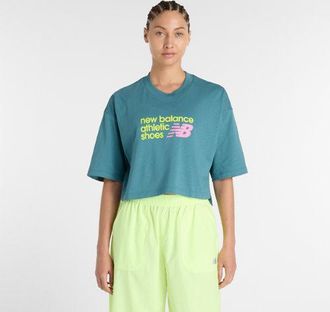 New Balance Damen Athletics Premium Chest Logo Cropped T-Shirt in Blau, Baumwolle, Gr&ouml;&szlig;e 2XL