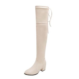 SJJH Bottes au-dessus du genou - Dos r&eacute;glable - Bottes pour femme pour le quotidien et la soci&eacute;t&eacute; - Talon de 5,5 cm - Doublure chaude, beige, 32 EU
