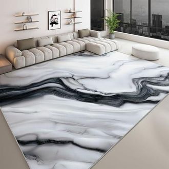 Generic Tapis Noir Et Blanc Lavable pour Salon, Tapis &agrave; Poils Courts Antid&eacute;rapant R&eacute;aliste Moderne Marbre Abstrait pour Enfants Bureau Salle &agrave; Manger Cuisine 