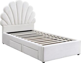 Vente-Unique Lit coquillage 90 x 190 cm avec 2 tiroirs - Velours - Blanc - MOANA