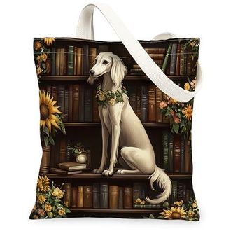 Generic Sac fourre-tout en toile motif chien Saluki printanier pour faire du shopping, 33 x 38,1 cm, sac d&eacute;picerie r&eacute;utilisable pour femme, motif amusant pour