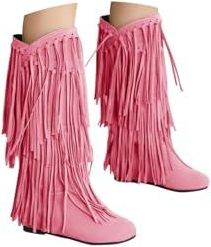 Generic Bottes de cowboy pour femme - Bottes de cowboy à franges pour femme - Bottes dhiver plates en daim - Bottes mi-mollet à franges à talon épais - Bottin
