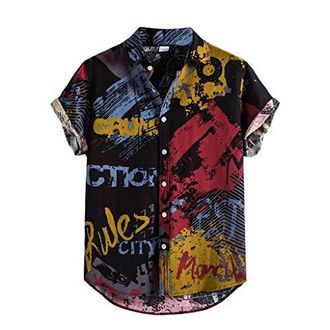 Generic Chemise en coton et lin pour homme - Chemisier dentra&icirc;nement ethnique pour homme - Imprim&eacute; court - Manches d&eacute;contract&eacute;es - Tunique classique, Rouge, 3