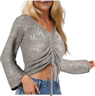 Generic Robes boh&egrave;me 2026 pour femmes, haut court transparent &agrave; &eacute;paules d&eacute;nud&eacute;es avec manches et pull &agrave; volants, gris, XL