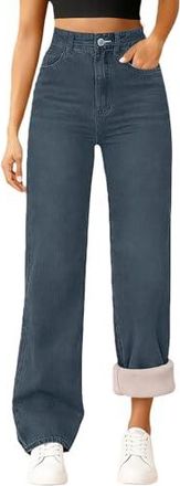 Generic Jean doublé en polaire pour femme - Taille haute - Coupe droite - Jambe large - Extensible - Jean dhiver mignon Boyfriend Y2k - Jean classique Y2k, no