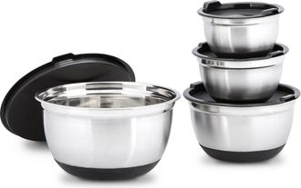 Relaxdays Schüssel Set BOWLY mit Deckel, HxBxT: ca. 14,5 x 25,5 x 25,5 cm, 4er Set, stapelbar, Edelstahl, Silber-schwarz
