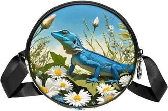 Generic Petit sac &agrave; bandouli&egrave;re circulaire pour femme, motif l&eacute;zard fleur, sac &agrave; dos &agrave; bandouli&egrave;re avec fermeture &eacute;clair, bretelles r&eacute;glables, sac &agrave; main rond