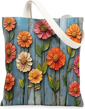 Generic Spring Zinnia Sac fourre-tout en toile pour faire du shopping, 33 x 38,1 cm, motif floral rustique, sac d&eacute;picerie r&eacute;utilisable, sac d&eacute;picerie pour fem