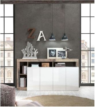 Les Tendances Les Tendances - Buffet - Effet Bois Vintage et blanc Laque - Style contemporain - 4 portes - maestro - l 184 x p 42 x h 93 cm