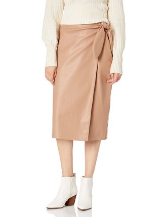 The Drop Damen Manon Midirock aus Kunstleder, Wickel-Design vorn, Camel, XXS