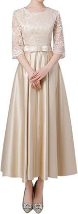 Minetom Femme Dentelle Robe de Soir&eacute;e El&eacute;gante Col Rond Manches 3/4 A Ligne Robe Longue C&eacute;r&eacute;monie Cocktail Mariage F&ecirc;te Robes A Champagne L