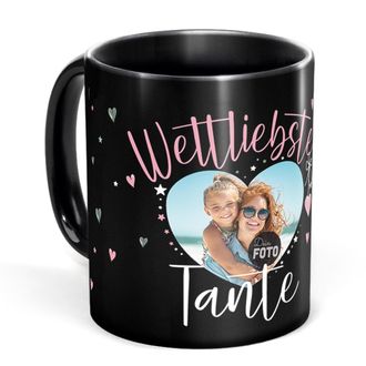 Tassendruck Schwarze Tasse mit Spruch für die weltliebste Tante - Tasse mit Foto selbst gestalten - Geschenk für Tante, Fotogeschenk Familie | Schwarze Fototasse,