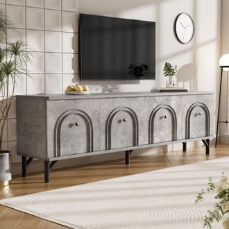STILVORA Meuble TV avec 4 Portes et Passe-c&acirc;bles, Fa&ccedil;ade 3D Arrondie, Charni&egrave;res Soft-Close, en Panneaux, Gris, 160&times;38&times;55,5 cm