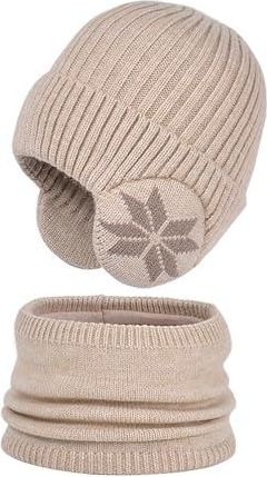 Generic Ensemble &eacute;charpe et bonnet chaud pour homme et fille de 5 &agrave; 14 ans - Bonnet tricot&eacute; + &eacute;charpe, beige, Taille unique
