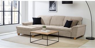 Modoform home24 Ecksofa Charlo Braun/Cappuccino Flachgewebe Soan 279 x 81 x 164cm Longchair davorstehend links mit Schlaffunktion Natur