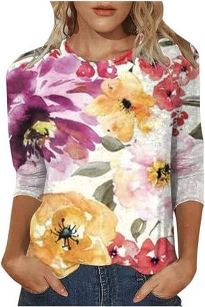 Generic T-shirt d&eacute;contract&eacute; pour femme avec imprim&eacute; floral, col rond, manches 3/4, coupe ample, Rose, XXL