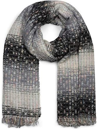 styleBREAKER &eacute;charpe pour femmes avec motif tiss&eacute; &agrave; rayures, des paillettes et des franges courtes, hiver, &eacute;tole, foulard 01017114, couleur:Noir-Gris-Gris clair