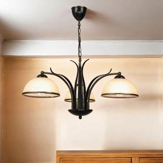 Licht-Erlebnisse Licht-erlebnisse - Hängelampe Messing antik Weiß 3-flammig E27 Jugendstil Metall Glas Pendelleuchte Wohnzimmer Esszimmer