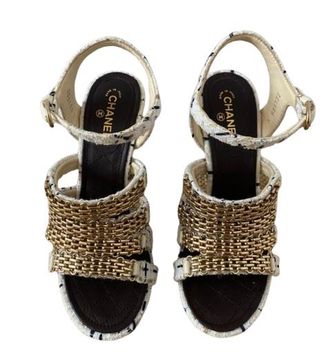 Chanel Tweed Chain Embellished Heeled Sandals Size 37