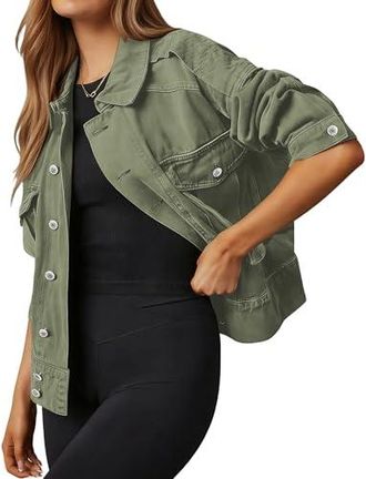 Generic Veste cargo courte en jean pour femme avec boutons sur le devant, manteau en jean d&eacute;contract&eacute; pour printemps, v&ecirc;tements dext&eacute;rieur courts tendance, Ve
