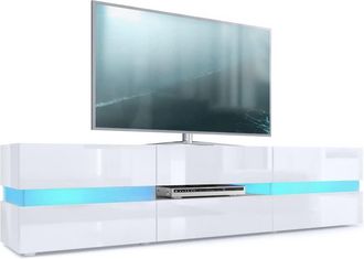 Vladon Lowboard Flow, Made in Germany, TV-Kommode mit Ambient Light Verglasung mit 2 Türen, 1 Schublade und 1 Klappe, Weiß Hochglanz/Weiß Hochglanz, inkl. LE