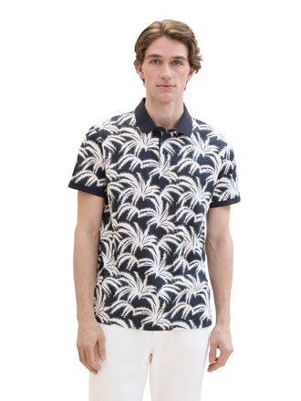 Tom Tailor Herren Basic Poloshirt mit sommerlichem Allover-Print, navy white leaf design, M