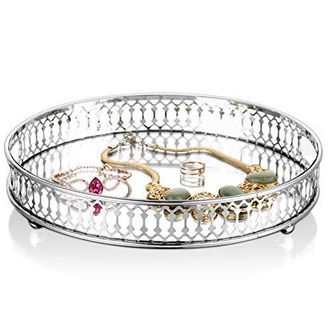 Nuptio Nuptio Plateau Maquillage Verre Miroir 25cm Diam&egrave;tre, Argent Plateau D&eacute;coratif Rond Plaque Bougie Plateau &Agrave; Bijoux Organisateur Rangement Miroir Plate