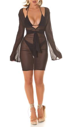 Koucla Mesh Minikleid Cover-up Kleid Strandkleid Transparent mit Trompeten Langarm XXL-V-Ausschnitt und G&uuml;rtel L/XL