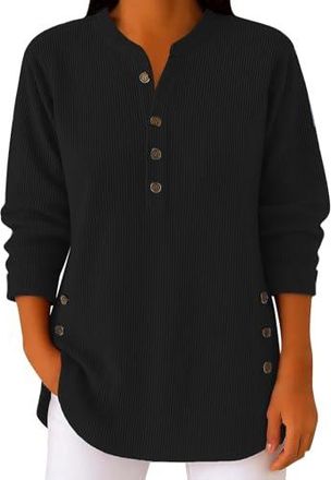 Generic Tunique d&eacute;contract&eacute;e en velours c&ocirc;tel&eacute; &agrave; manches longues et col en V pour femme, Noir, L