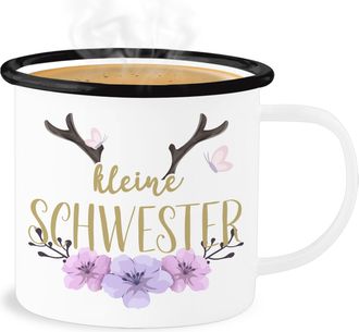 Shirtracer Emaille Becher Blechbecher - Tassen - Kleine Schwester Geweih Blumen - 300 ml - Weiß Schwarz - little sister tasse lil sis schwesterherz 2023 geschenk