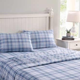 Laura Ashley Bettwäsche-Set für King-Size-Bett, Baumwoll-Flanell-Bettwäsche, gebürstet für zusätzliche Weichheit und Komfort (Mulholland-Karo-Blau, King-Size)