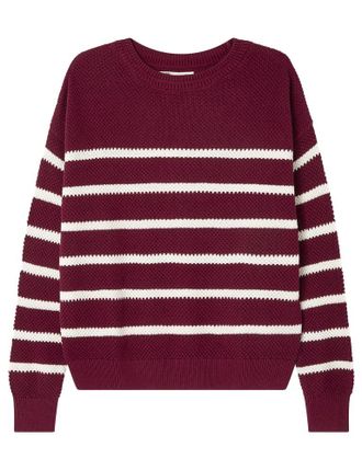 Springfield Damen Striped Sweater with Mini Embroidery Sweatshirt mit Spitze, Weinrot, XL