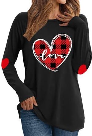 Generic Chemises de Saint-Valentin 2026 pour femme - Motif coeur - Pull &agrave; manches longues, Noir, XXL