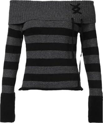 Generic Pull r&eacute;tro &agrave; manches longues pour femme avec dentelle et &eacute;paules d&eacute;nud&eacute;es, gris fonc&eacute;, L