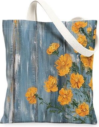Generic Sac fourre-tout en toile r&eacute;utilisable avec motif de fleurs de soucis printaniers 33 x 38,1 cm, motif floral rustique, sac d&eacute;picerie pour femme, peintu