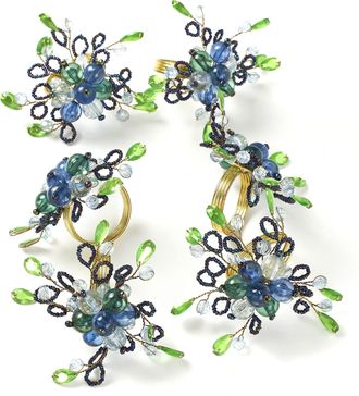 Penguin Home Serviettenringe mit Perlen im Blumenstil, Perlen auf Eisengitter, Blau und Gr&uuml;n, Serviettenhalter f&uuml;r Esszimmer, Hochzeit, Party, Tischdekoration, Gr&ouml;