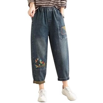 Generic Jean taille haute pour femme Y2K Baggy Flower brod&eacute; &eacute;lastique jean droit jambe large pantalon d&eacute;contract&eacute; artistique 7 pouces jeans streetwear, jaune 