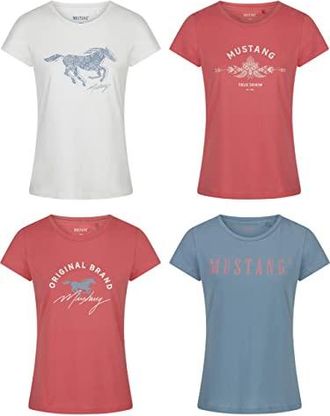 Mustang Jeans Lot de 4 t-shirts pour femme - Coupe ajustée - Col rond - Basic - Manches courtes - Logo imprimé - 100 % coton - Blanc, bleu, vert, rouge, tailles S, 