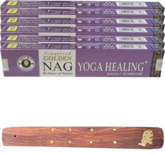 Generic Räucherstäbchen Golden Nag Yoga Healing, 6 Schachteln à 15 g, Meditation Aroma Gesundheit mit Räucherstäbchenhalter aus Holz