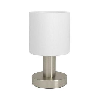 Eglo Tischlampe Monetto, kleine Deko Tischleuchte Wohnzimmer, elegante Nachtischlampe, Schlafzimmer Lampe silber mit Textil Lampenschirm in Wei&szlig;, E14 Fassu