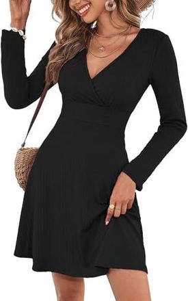 Generic Robe Femme D&eacute;contract&eacute;e Manches Longues Col V Portefeuille Taille Haute Courte Automne Hiver Tendance