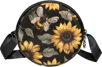 Generic Petit sac &agrave; bandouli&egrave;re rond pour femme, motif tournesol avec fermeture &eacute;clair, bretelles r&eacute;glables, style d&eacute;contract&eacute;, pour femmes et filles