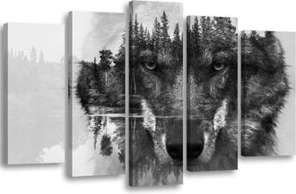 Feeby Bilder Wolf 5 Panel Typ A 200x100 cm Wohnzimmer Schlafzimmer Büro Küche Wandbilder Leinwandbilder Modern Bild auf Leinwand Wanddekoration Kunstdruck D