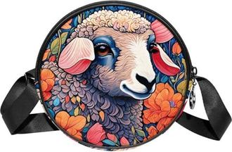 Generic Petit sac &agrave; bandouli&egrave;re rond pour femme, motif mouton color&eacute; avec fermeture &eacute;clair, bretelles r&eacute;glables, sac &agrave; main rond d&eacute;contract&eacute; pour femmes et fi