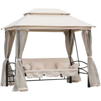 OUTSUNNY Balancelle de jardin 3 places convertible style colonial grand confort 2 coussins + matelas + moustiquaires inclus noir beige