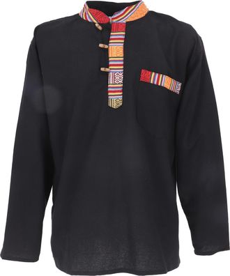 Guru Shop Nepal Ethno Fischerhemd, Goa Hemd - Schwarz, Herren, Baumwolle, Size:XL